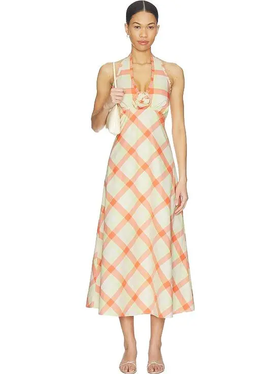 Steve Madden Tania Halterneck Maxi Dress - Orange And Green Plaid
