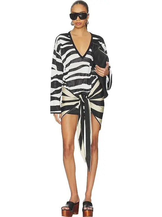Attico Zebra Print V-neck Mini Dress - White & Black