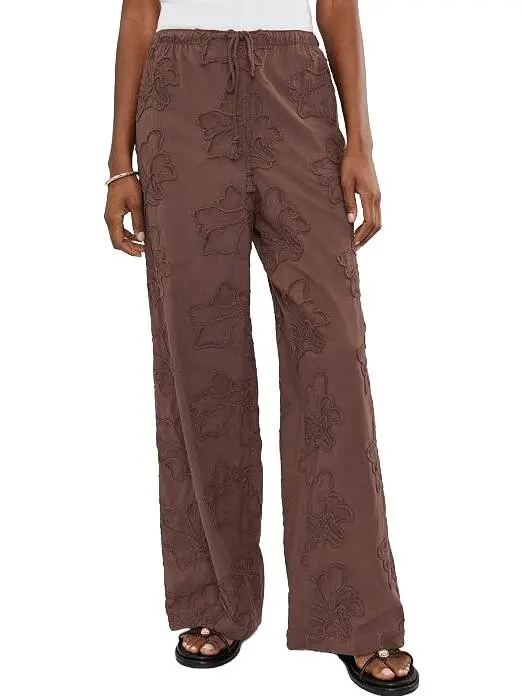 Vince Camuto Embroidered Floral Wide Leg Pants - Mocha