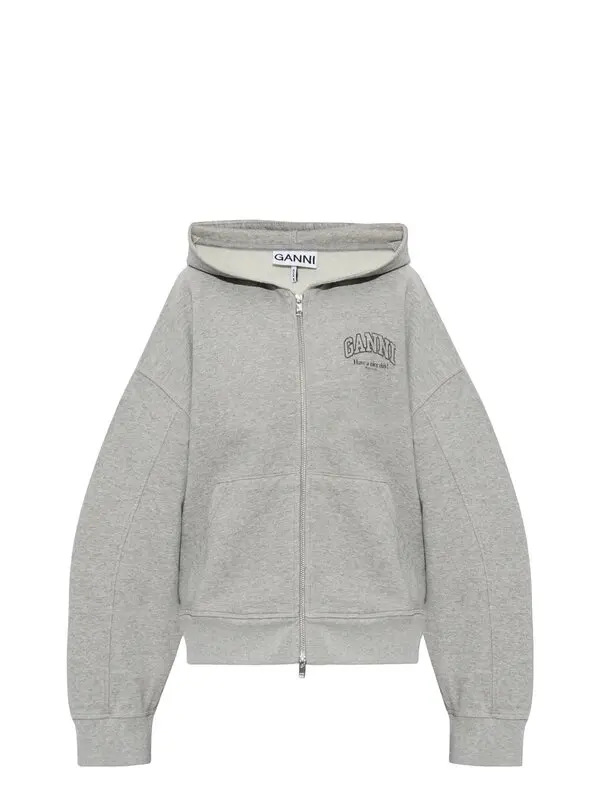 GANNI Zip-up Cotton Hoodie With Logo Detail - Grey