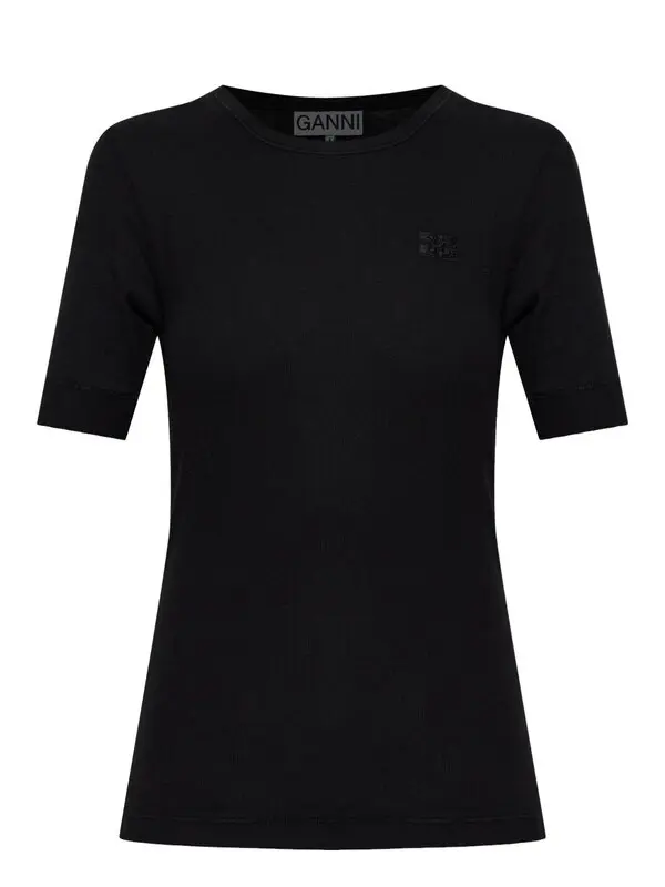 GANNI Ribbed Top With Embroidered Logo - Black