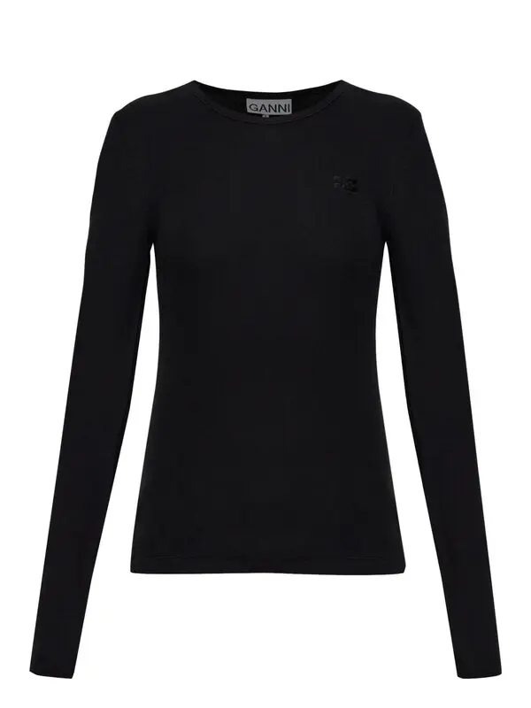 GANNI Ribbed Crewneck Long Sleeve Top - Black