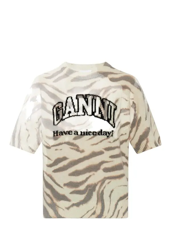 GANNI Animal Print Crewneck Knit Top - Cream