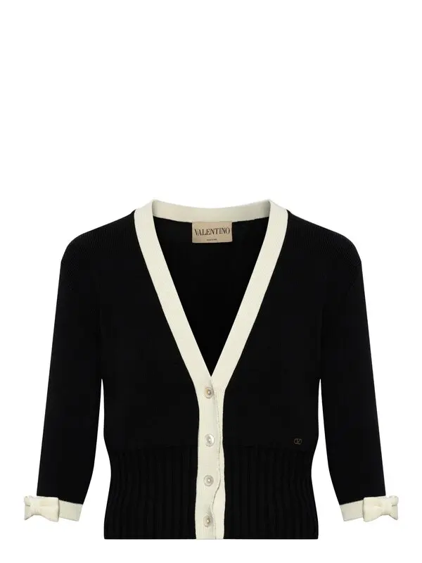 Valentino Garavani Knit Short-sleeve Cardigan With White Trims And Bow Details - Black