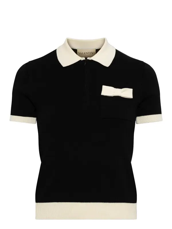 Valentino Garavani Knit Polo Shirt With Cream Trim And Bow Detail - Black