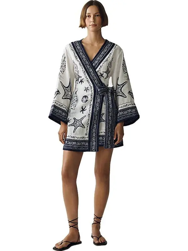 Farm Rio Linen Wrap Mini Dress - Coast Scarf Off-white