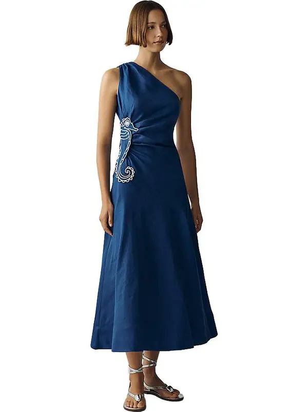 Farm Rio Linen One-shoulder Seahorse Maxi Dress - Blue