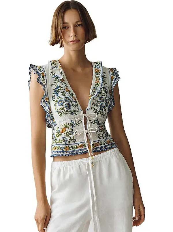 Farm Rio Emily Cotton Tie-front Blouse - Emily Floral Tapestry Off White