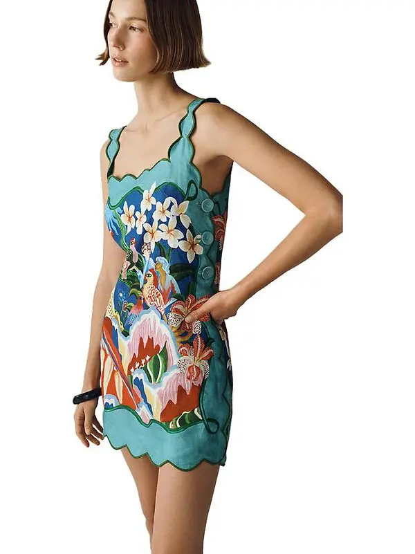 Farm Rio Garden Of Life Linen Mini Dress With Scalloped Trim - Garden Of Life Scarf Multi