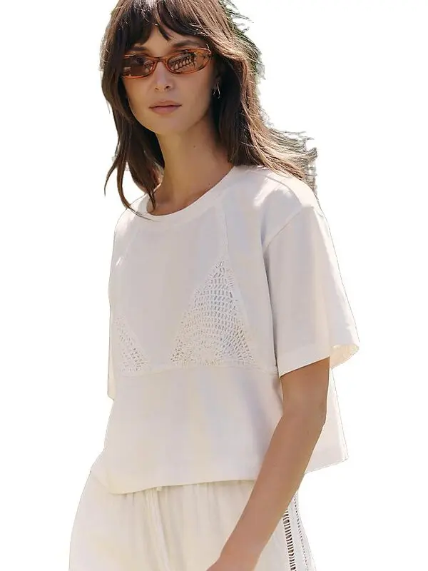 L*Space Cotton Cropped T-shirt With Crochet Detail - Cream
