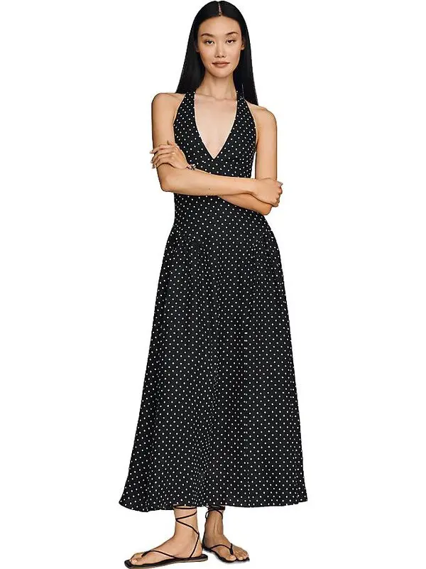 Faithfull The Brand Cala Linen Halter Maxi Dress - Black Dot
