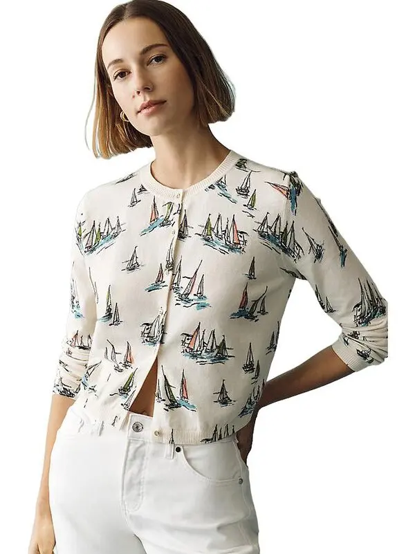 Maeve Sailboat Print Button-front Cardigan - Blue Pattern