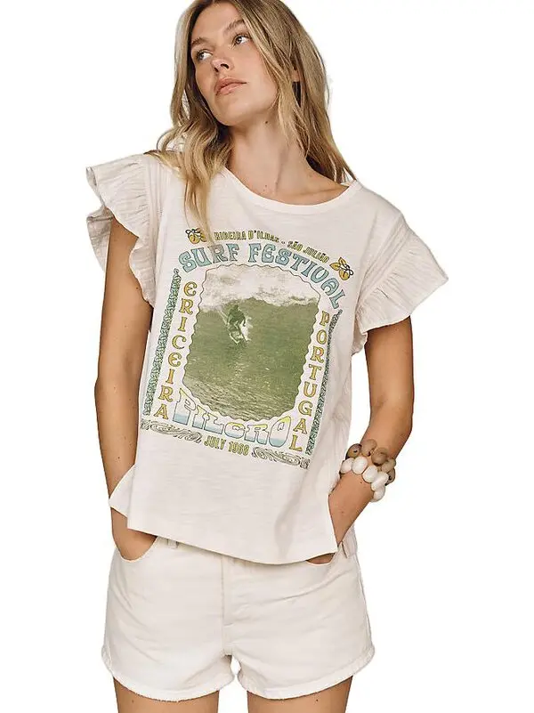 PILCRO Cotton Ruffle Sleeve Graphic Muscle Tee - Ivory Pattern