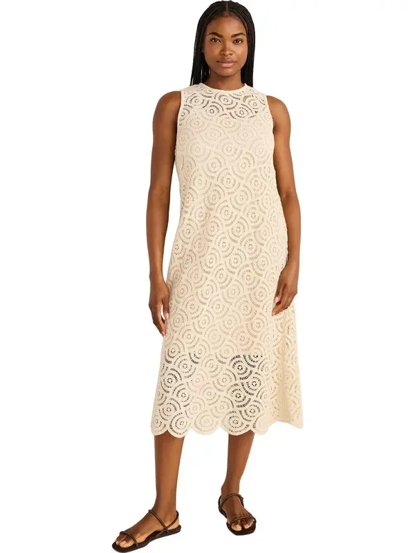 HAVEN WELL WITHIN Cotton Crochet Scalloped Midi Dress - Natural