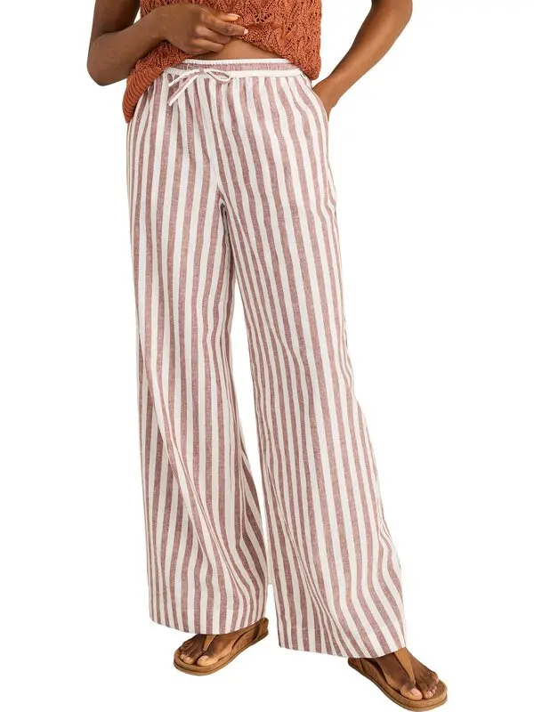 HAVEN WELL WITHIN Organic Cotton Linen Striped Wide Leg Pants - Bold Even Stripe,terra C
