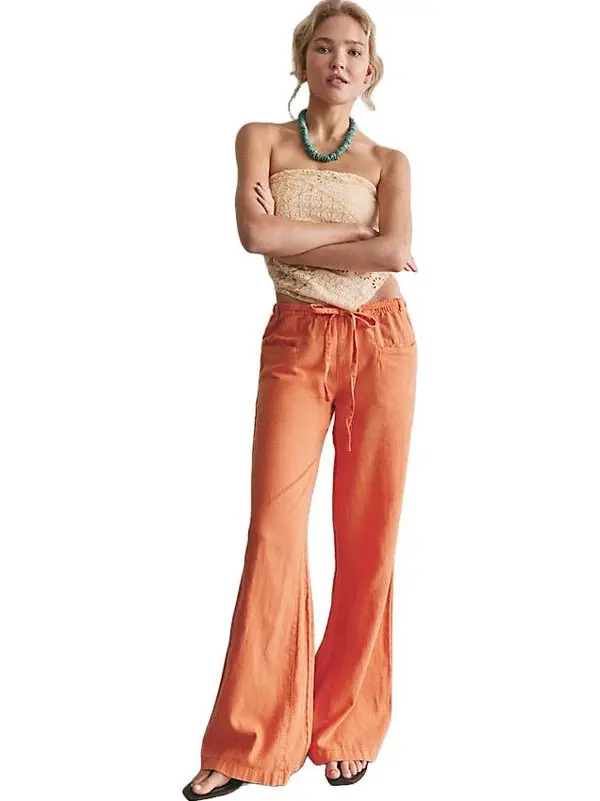 Free People Linen Slouch Flare Pants - Orange Rust