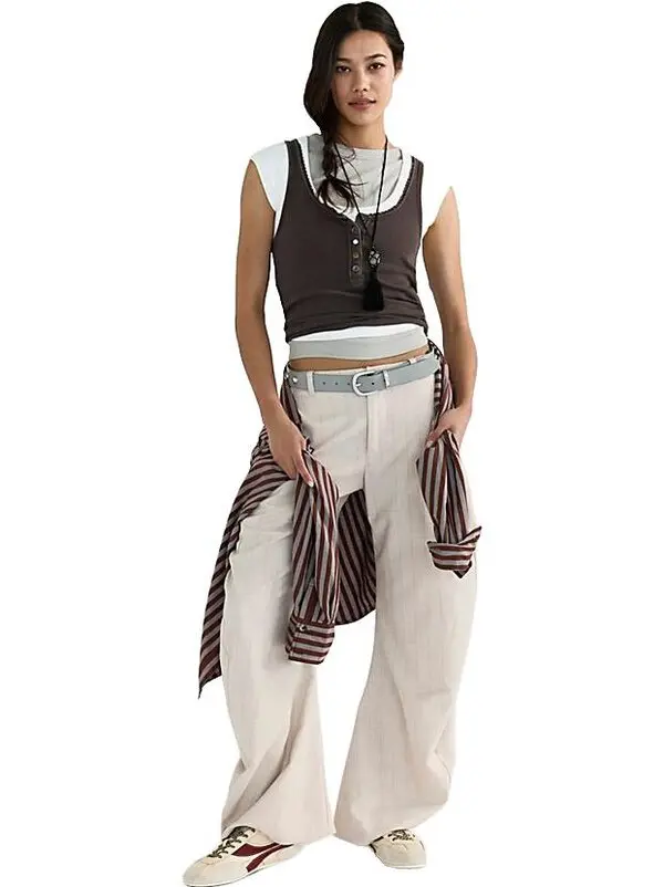 Free People Spotlight Menswear Striped Barrel Trousers - Khaki Black Combo