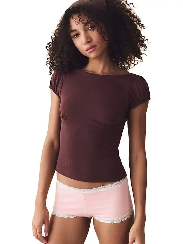 Free People Pointelle Puff Sleeve Baby Tee - Brunette