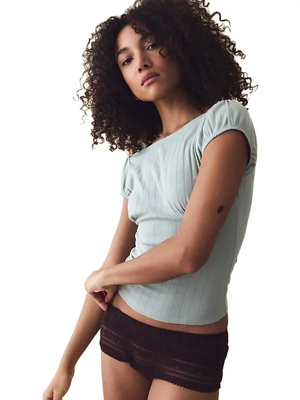Free People Pointelle Puff Sleeve Baby Tee - Desert Sage