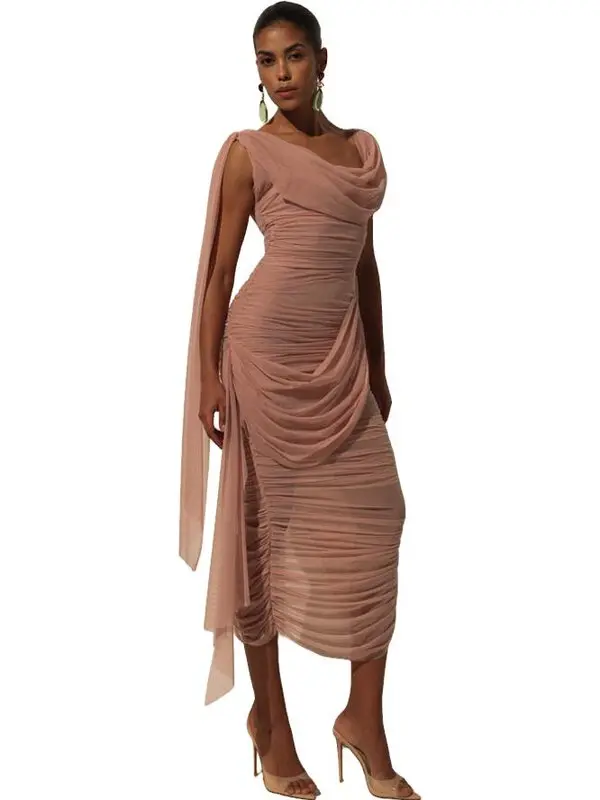 MILLA Midi Dress In Italian Mesh With Draping - Pink