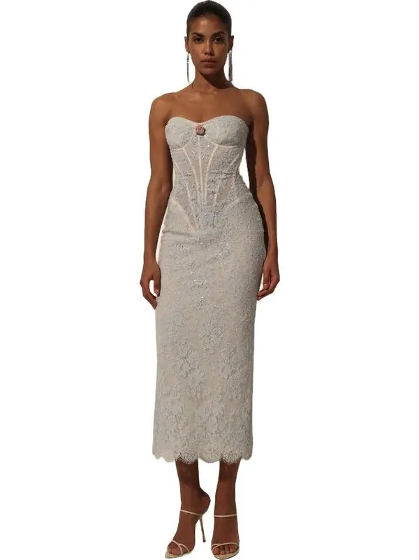 MILLA Beaded Lace Corset Midi Dress - Blue