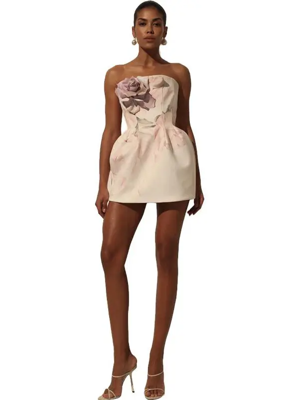 MILLA Satin Mini Dress With Artist Print And Dimensional Flower - Tea Rose Print