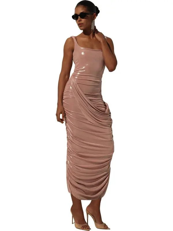 MILLA Draped Midi Dress With Metallic Sheen - Pink