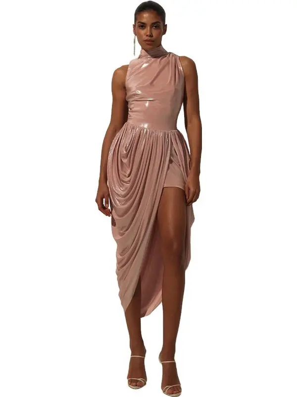 MILLA Halter Neck Wet Effect Midi Dress - Pink