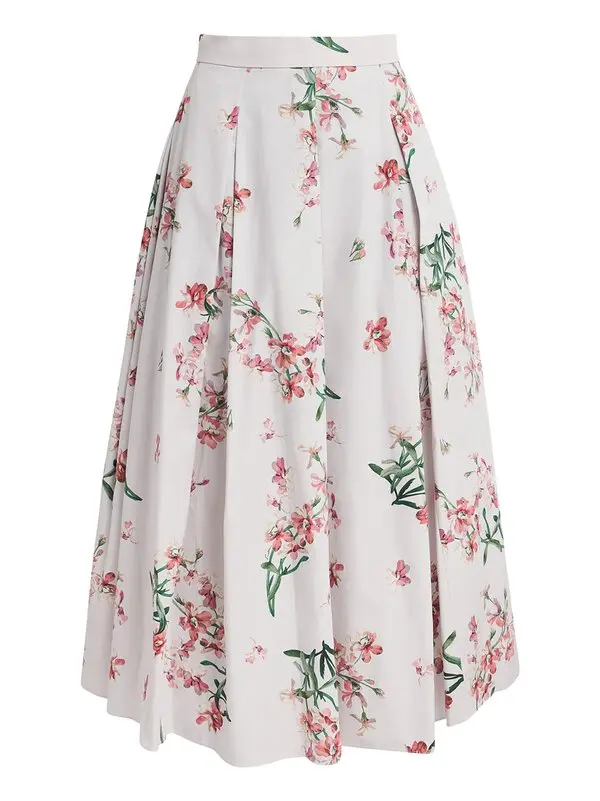 Erdem Cotton Floral Pleated Midi Skirt - Pink