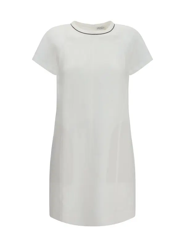 Brunello Cucinelli Midi Linen Dress With Monili Chain Detail - White