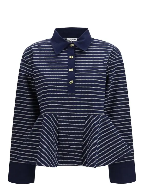 GANNI Striped Peplum Polo Shirt - Blue