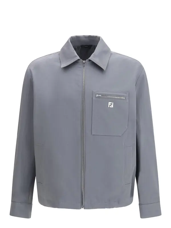 Fendi Cotton Zip-up Jacket With Ff Logo Plaque - Gray