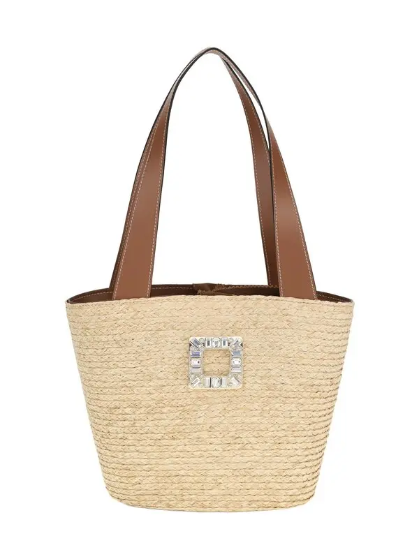 ROGER VIVIER Mini Viv’ Skate Raffia Bucket Bag - Cream