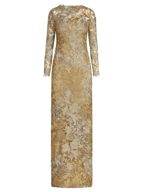 Oscar De La Renta Hibiscus Guipure Gown - Metallic