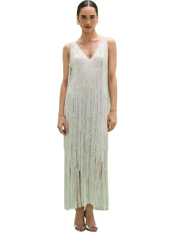 PatBO Aurea Crochet Maxi Dress With Fringe And Pearls - Silver