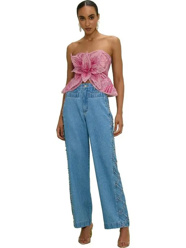 PatBO Marina Denim Embroidered Pants - Blue