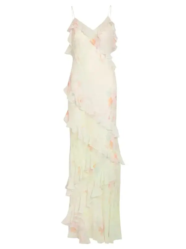 LoveShackFancy Rialto Floral Print Ruffled Maxi Dress - Neutrals