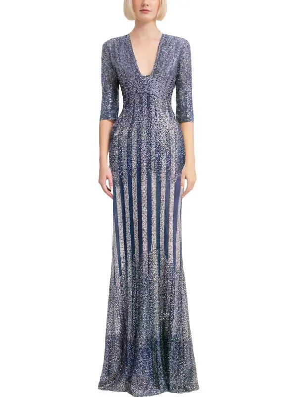 GEMY MAALOUF Sequined Striped V-neck Floor-length Gown - Blue