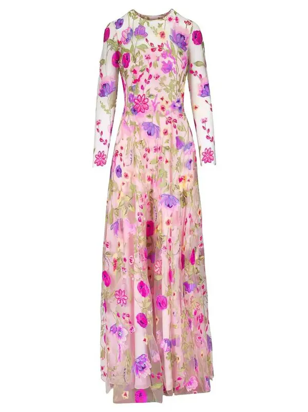 Naeem Khan Floral Embroidered Long Sleeve Maxi Dress - Pink