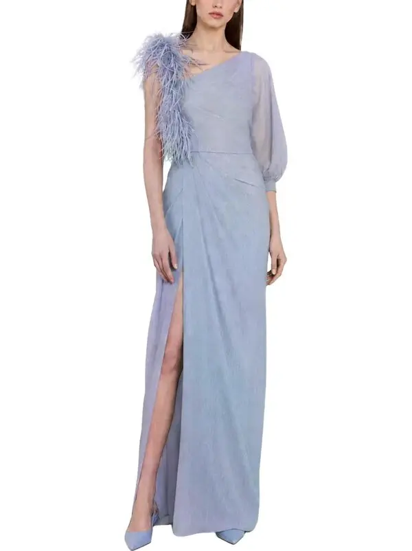 GEMY MAALOUF Feather-trimmed Asymmetrical Dress - Blue