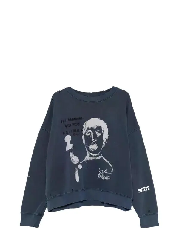 SONG FOR THE MUTE Graphic Print Distressed Sweatshirt - Blue