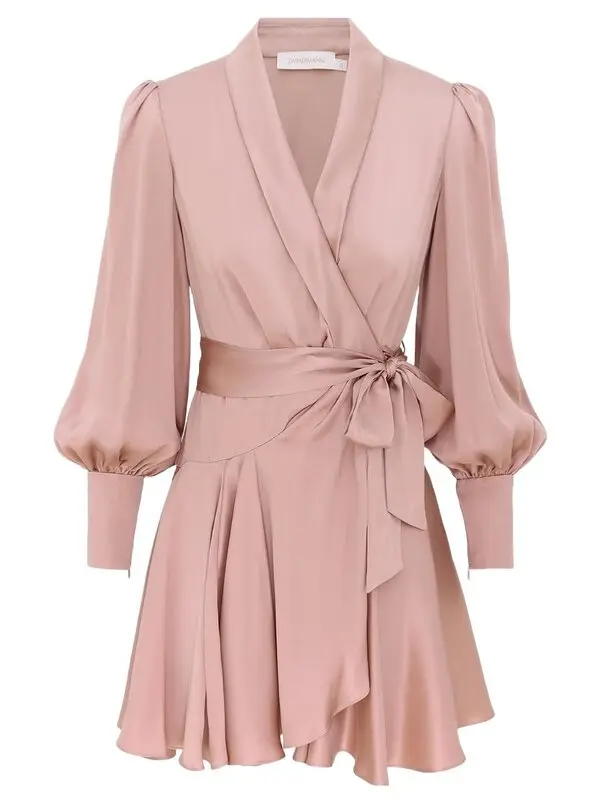 Zimmermann Wrap Mini Dress With Piped Trim And Frill Hem - Dusty-rose
