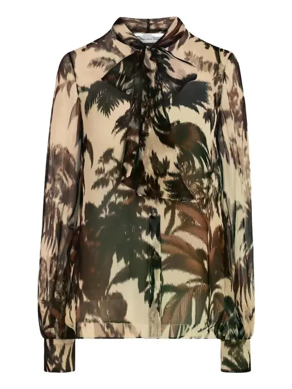 Oscar De La Renta Chiné Palm Leaves Silk Chiffon Blouse - Neutrals