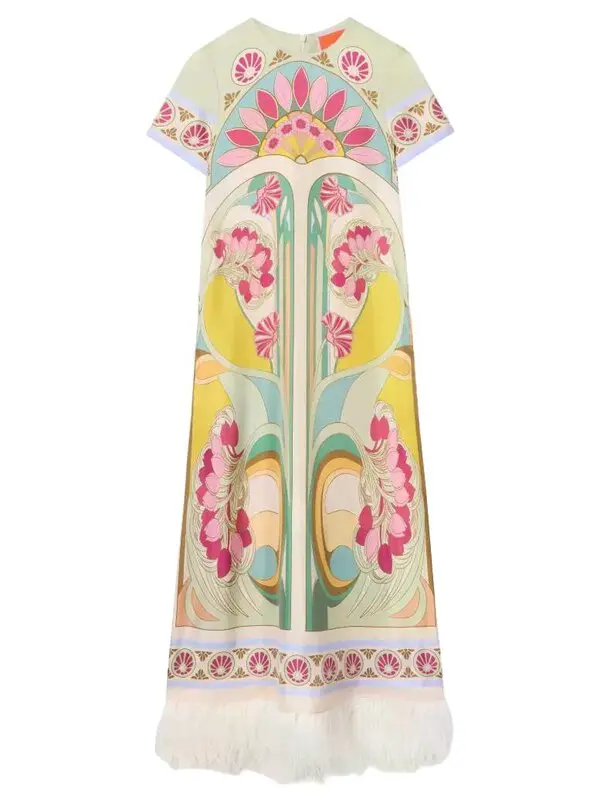 La DoubleJ Tulip Placed Silk Twill Dress With Feather Trim - Green