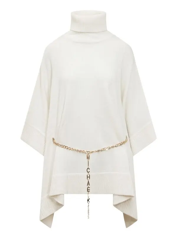 Michael Kors Turtleneck Knit Poncho With Chain Detail - White