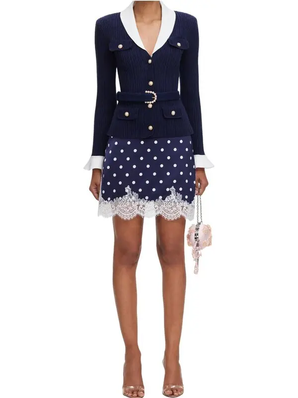 SELF-PORTRAIT Ribbed Knit Cardigan With Contrast Collar And Pearl Belt - Navy Blue