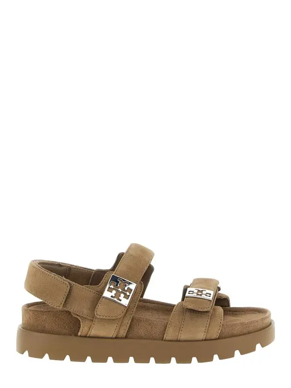 Tory Burch Mellow Suede Sandals With Metal Logo Detail - Brown