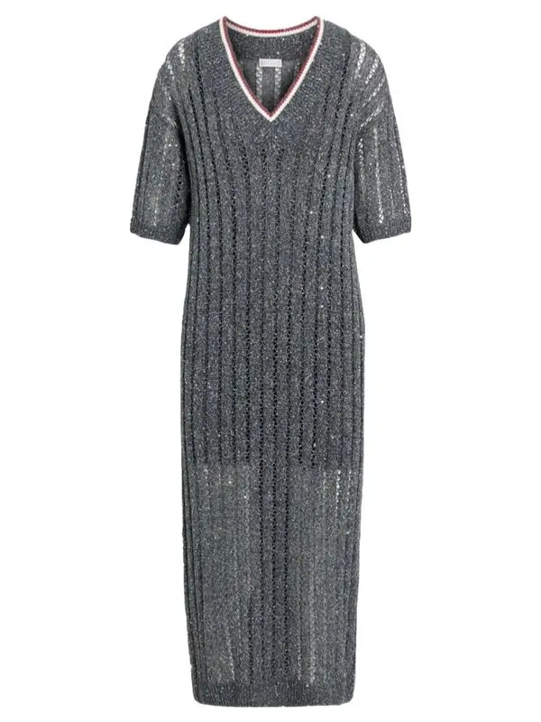 Brunello Cucinelli V-neck Striped Detail Ribbed Knit Dress - Gray