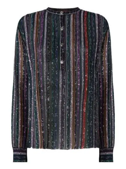 Missoni Sequined Chevron Stripe Henley Blouse - Black