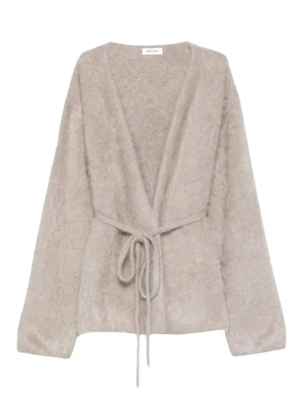 Soft Goat V-neck Long-sleeved Cardigan With Waist Tie - Nude